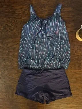Swim | Navy Blouson Tankini With Multicolor Streak Print | Poshmark